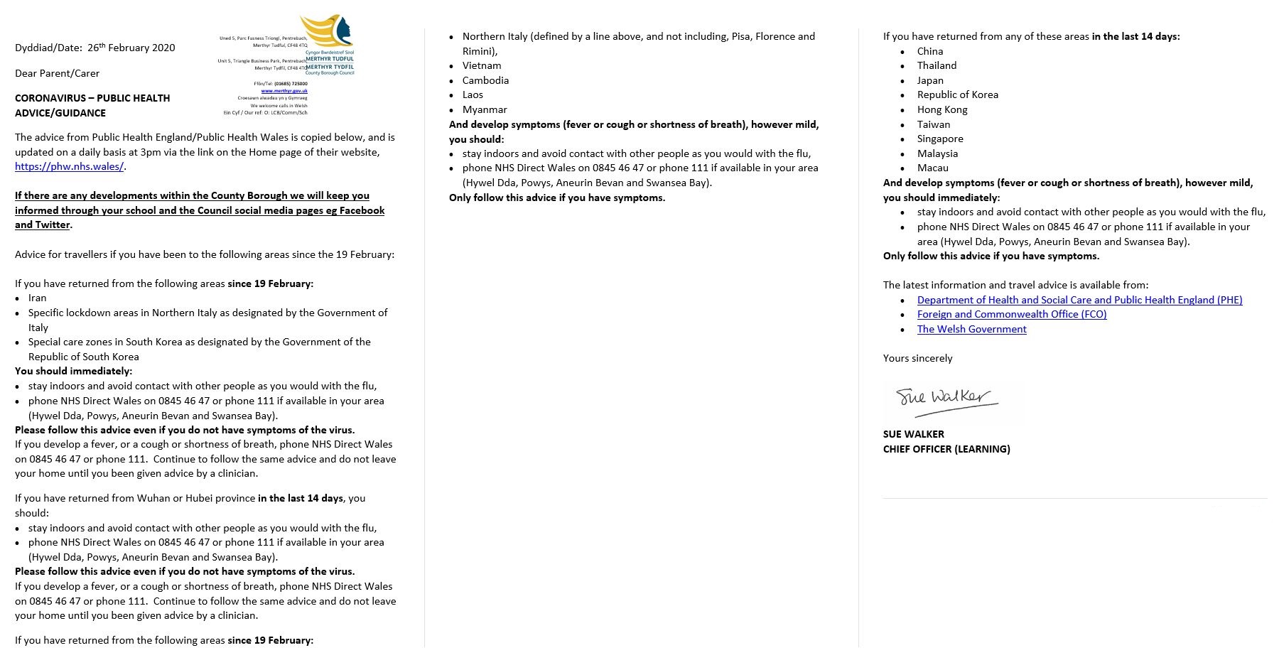 PUBLIC HEALTH ADVICE/GUIDANCE from Sue Walker (Chief Officer, Learning ...